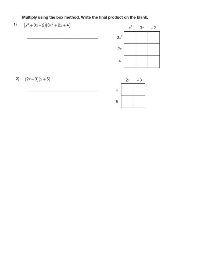 Box Method Polynomial Multiplication Worksheet | PDF