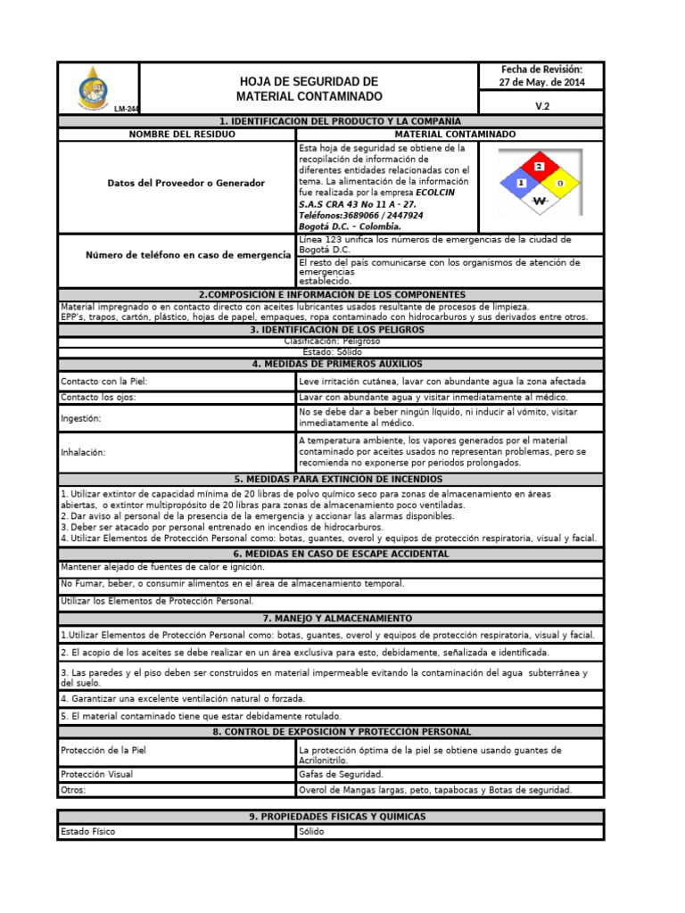 Hoja de Seguridad: Material Contaminado | PDF | Contaminación | Combustión