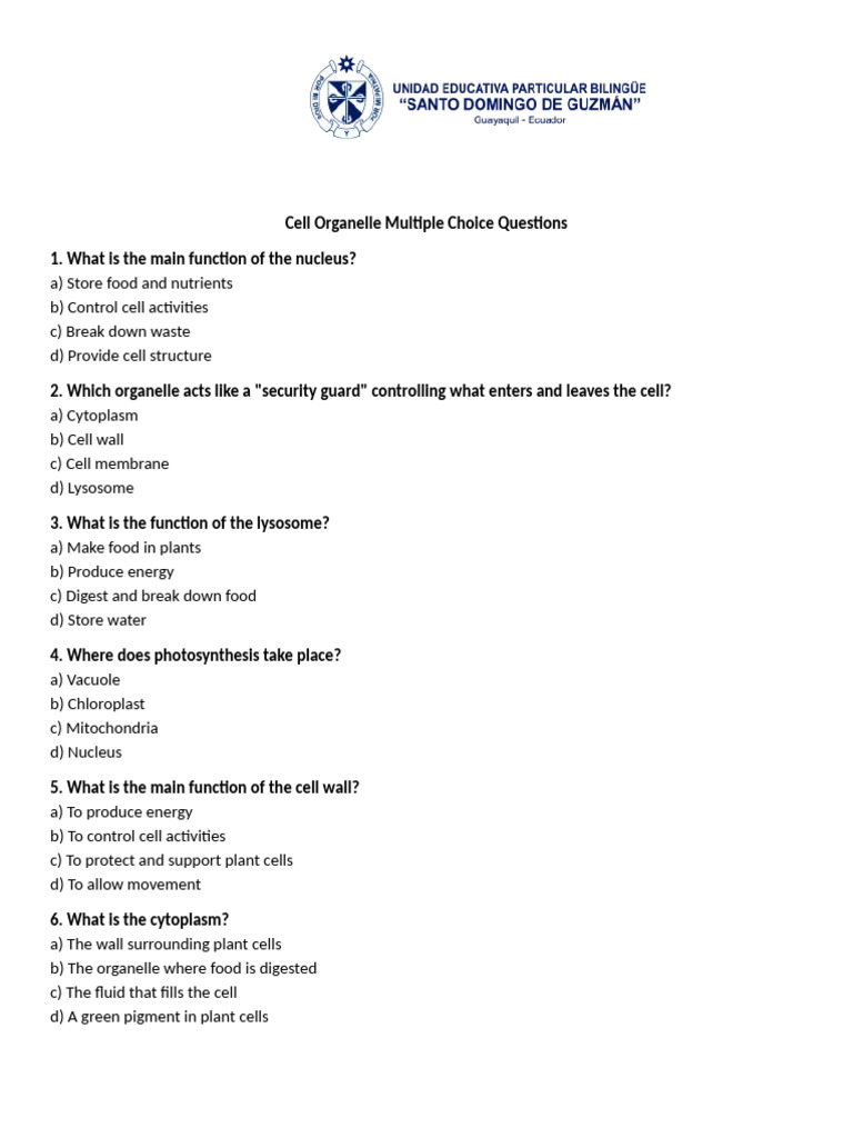 Cell Organelle Multiple Choice Questions | PDF