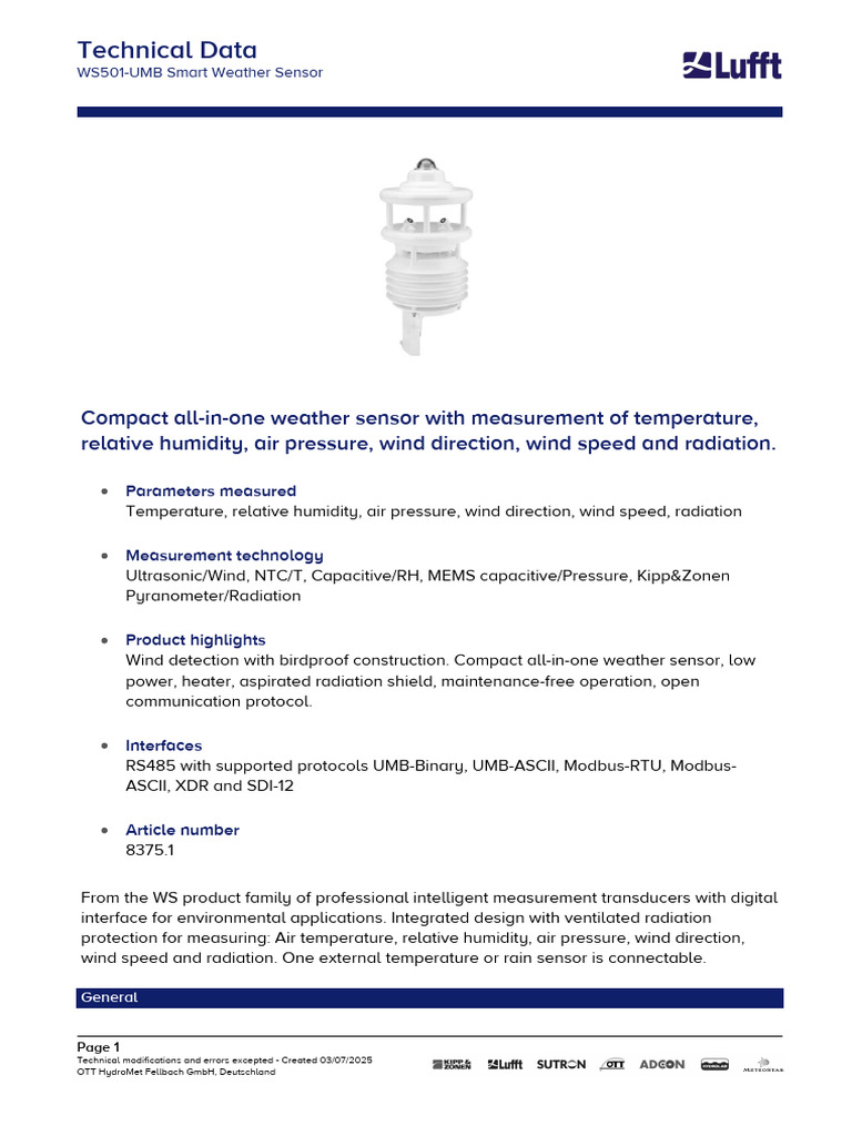 Lufft WS501-UMB Smart Weather Sensor | PDF | Sensor | Humidity