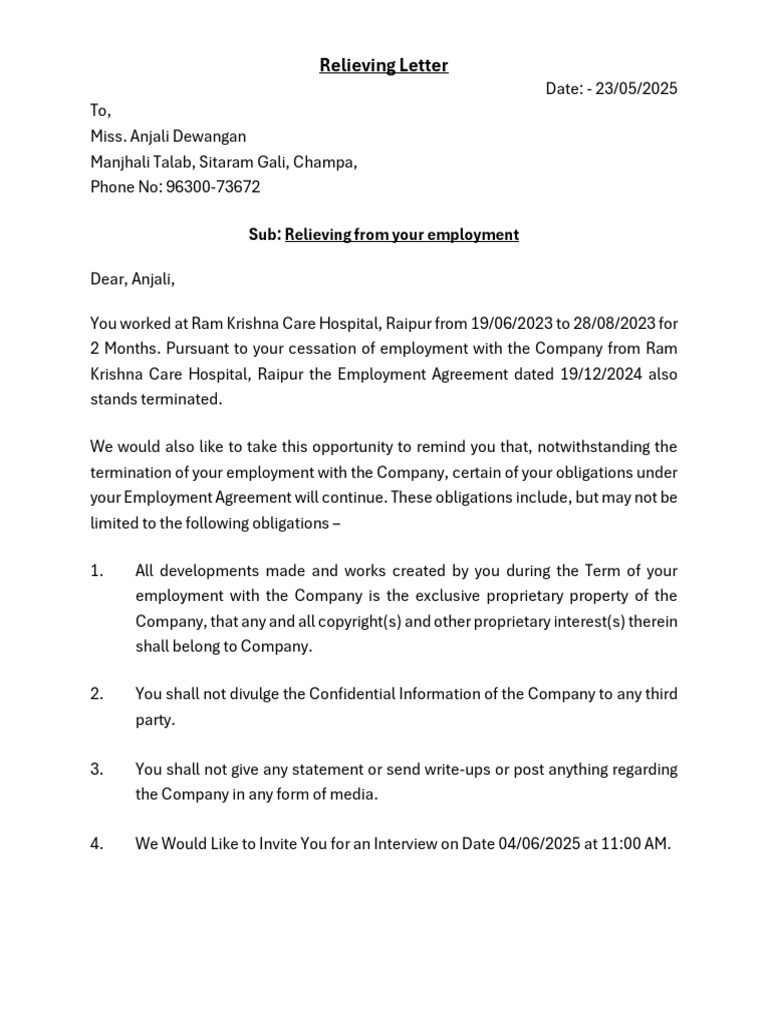 Employment Relieving Letter Template | PDF