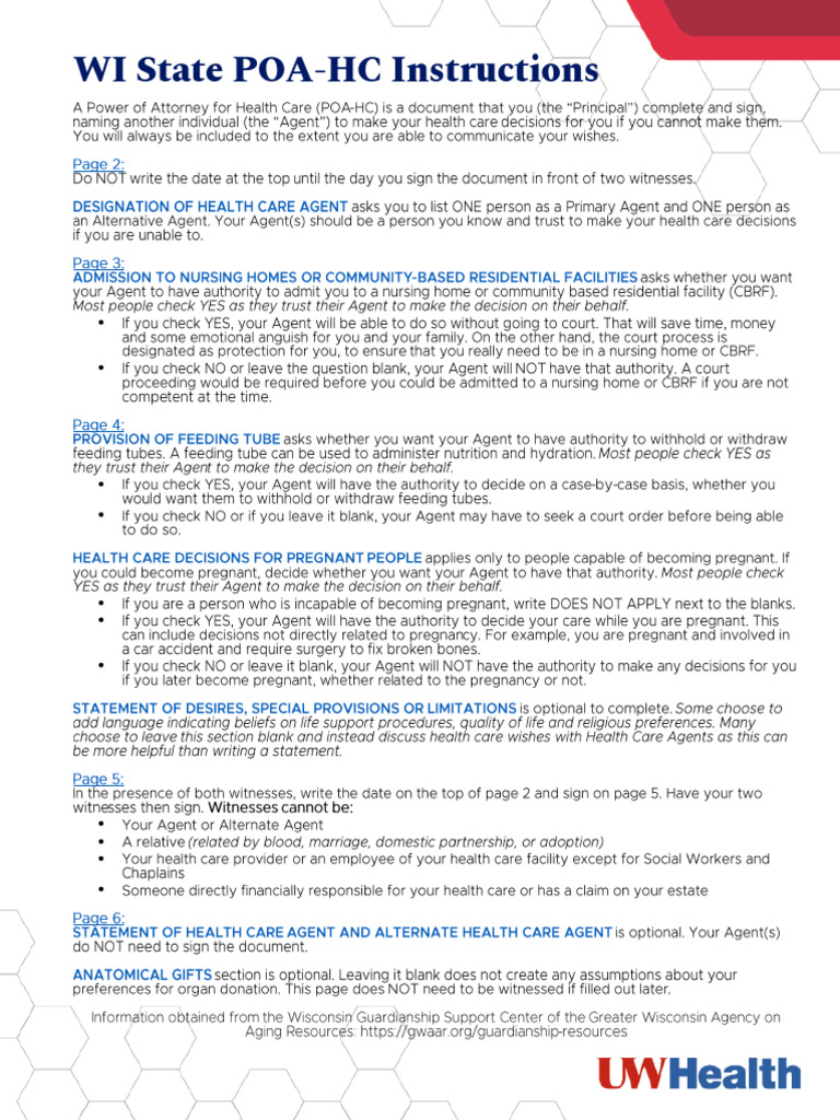 Wisconsin Health Care POA Form Guide | PDF | Power Of Attorney | Health ...