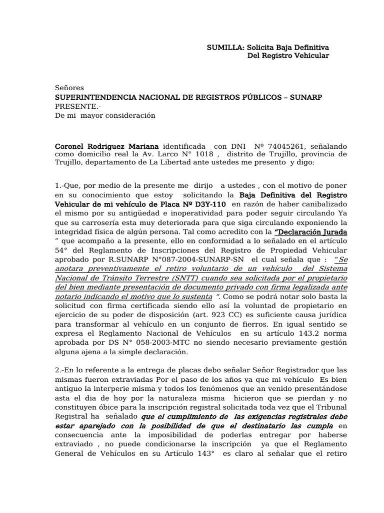 Solicitud de Baja Definitiva de Vehículo | PDF | Justicia | Crimen y ...