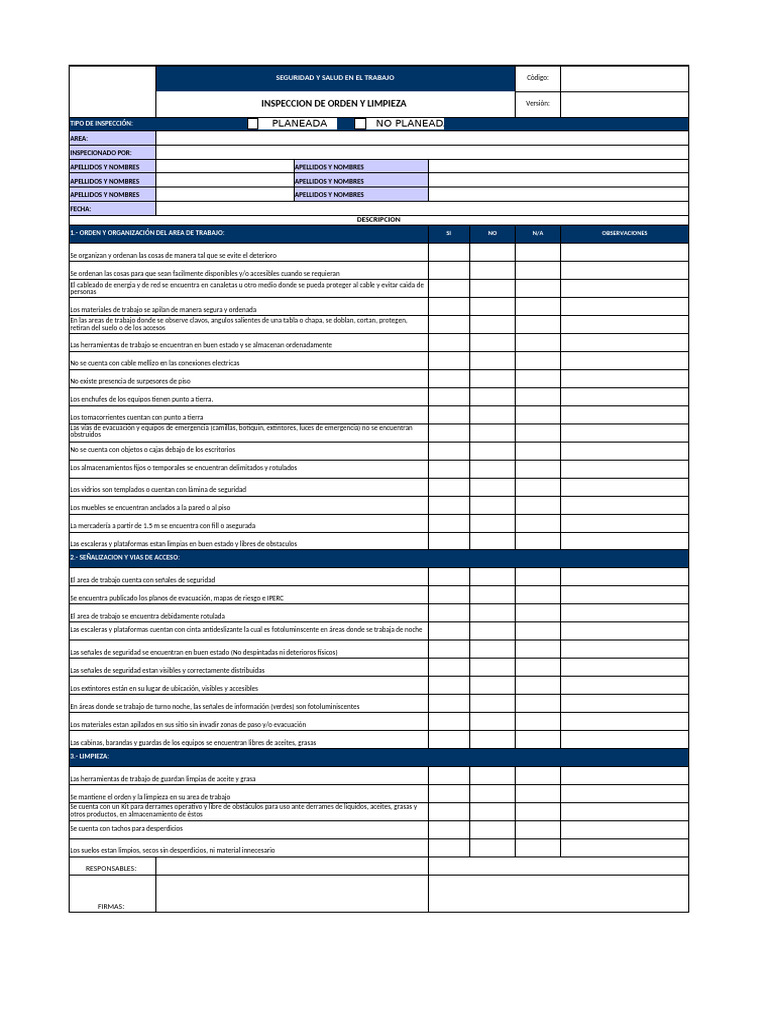 Registro de Inspeccion de Orden y Limpieza | PDF