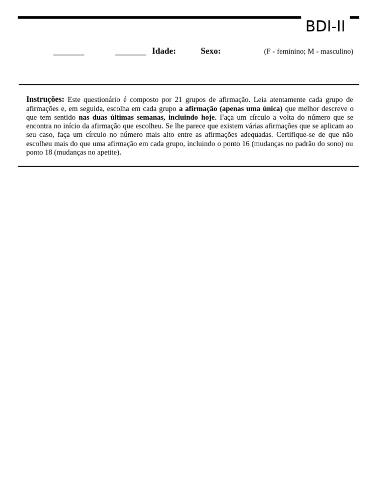 BDI-II Beck Depression Inventory | PDF