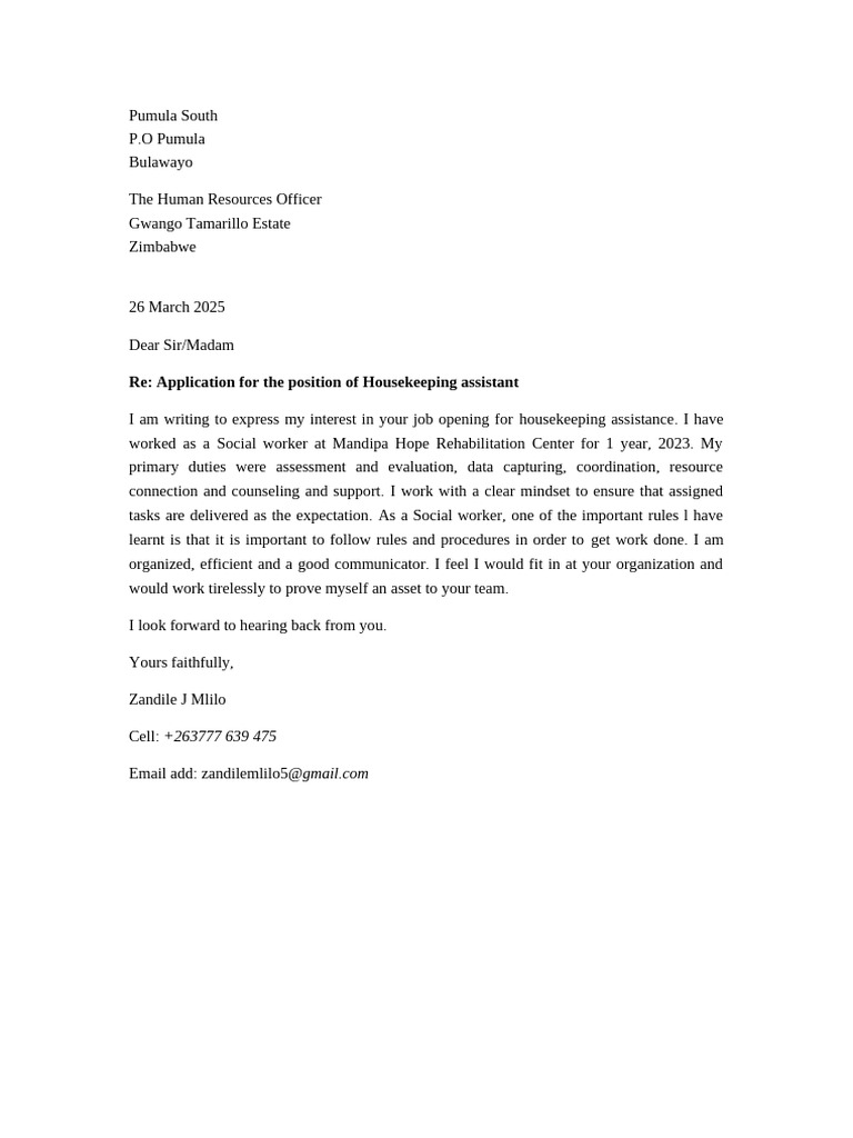 Housekeeping Assistant Application Letter | PDF