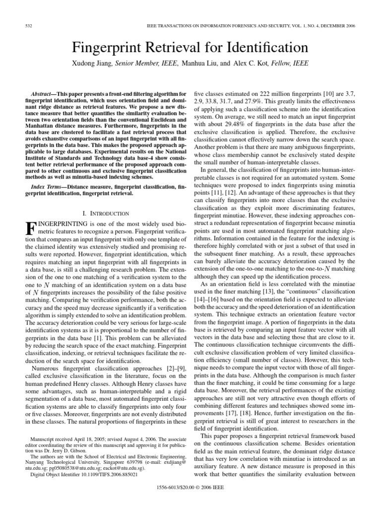 Fingerprint Retrieval Algorithm for Identification | PDF | Fingerprint ...
