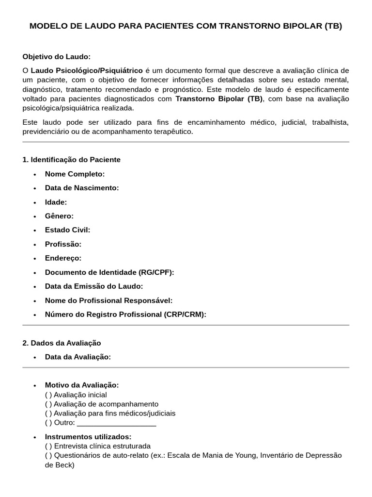 Modelo de Laudo para Pacientes Com Transtorno Bipolar | PDF | Depressão ...