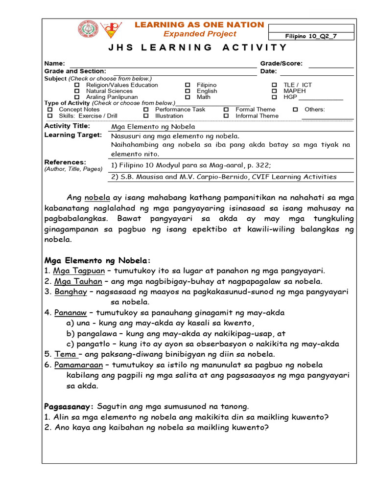 Filipino 10 Q2 LAS 7 Mga Elemento NG Nobela 1 | PDF