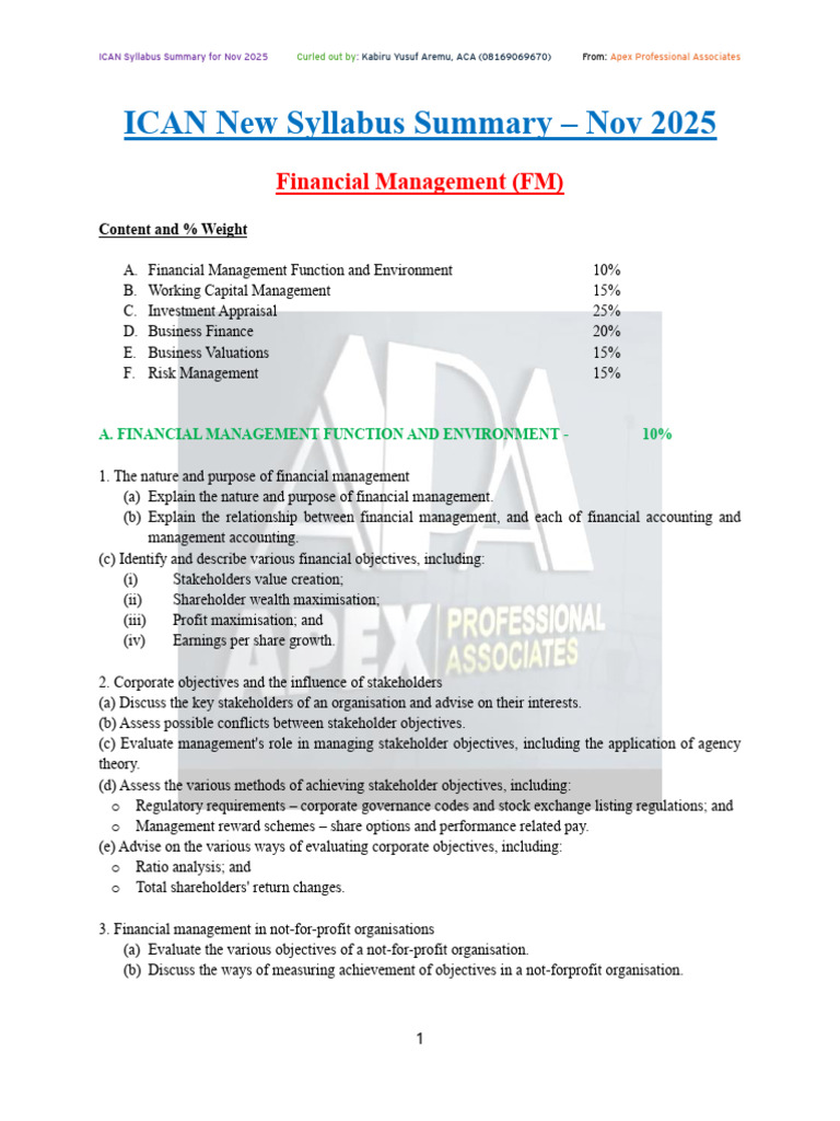 ICAN New Syllabus Summary - FM | PDF | Cost Of Capital | Capital Structure