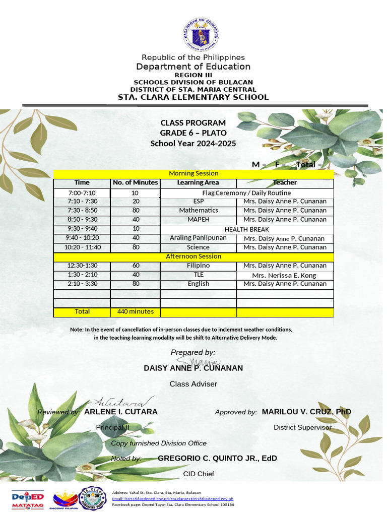 Grade 6 Class Program 2024-2025 | PDF | Philippines | Government