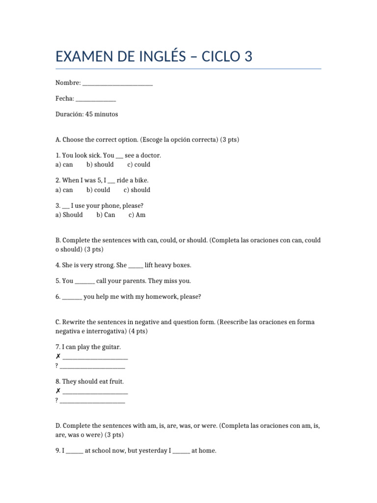 Examen Ingles Ciclo3 | PDF