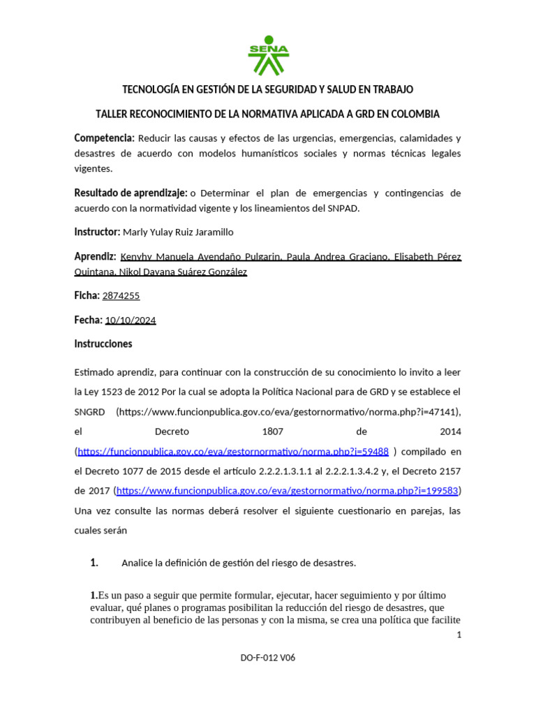 Taller 1 Reconocimiento Normas GRD-Colombia | PDF | Entorno natural | Desastres naturales