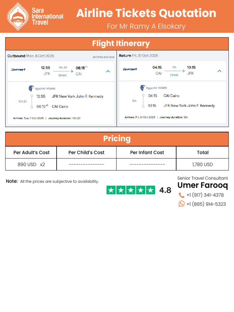Airline Tickets Quotation For MR Ramy A Elsokary | PDF