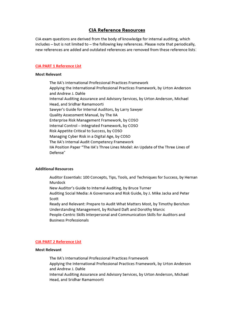 CIA Exam Reference Resources | PDF | Internal Audit | Audit