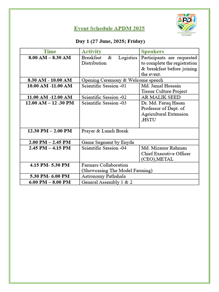Event Schedule APDM 2025 Day-01 | PDF