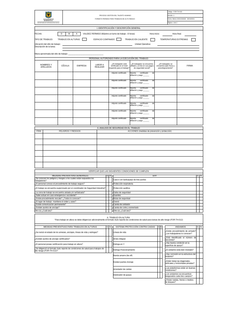 For TH 010 v1 Formato Permiso para Trabajos de Alto Riesgo | PDF | Escalera