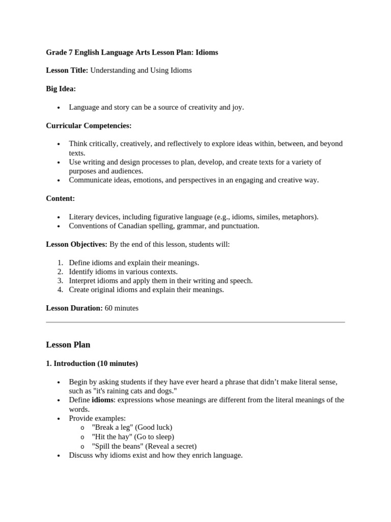 Grade 7 English Language Arts Lesson Plan - Idioms | PDF | Idiom ...