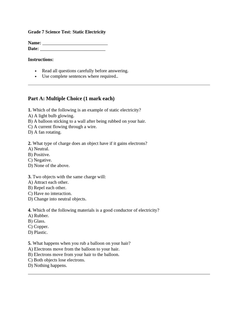 Grade 7 Science Test - Static Electricity | PDF | Electric Charge ...