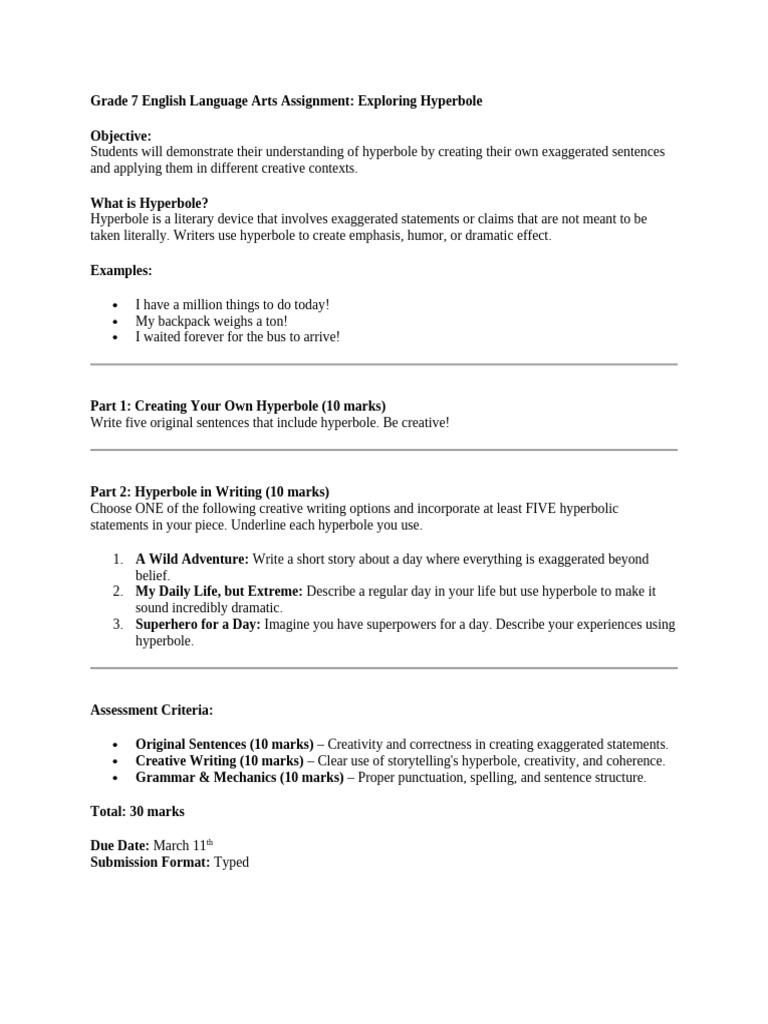 Grade 7 English Language Hyperbole Assignment | PDF | Cognition | Learning