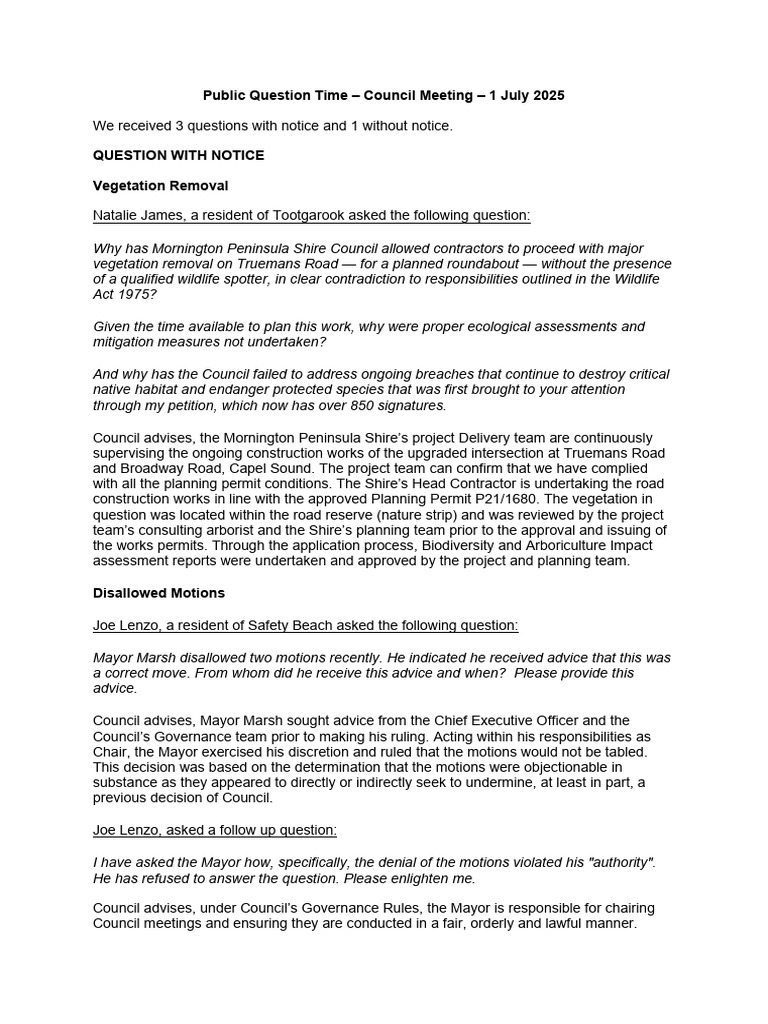 Council Meeting Q&A Summary - July 2025 | PDF | Democracy | Political ...