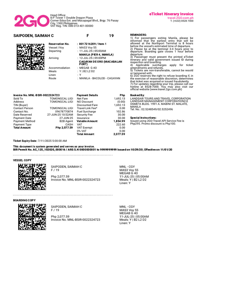 2GO Travel - Itinerary Receipt | PDF | Legal Liability | Ticket (Admission)