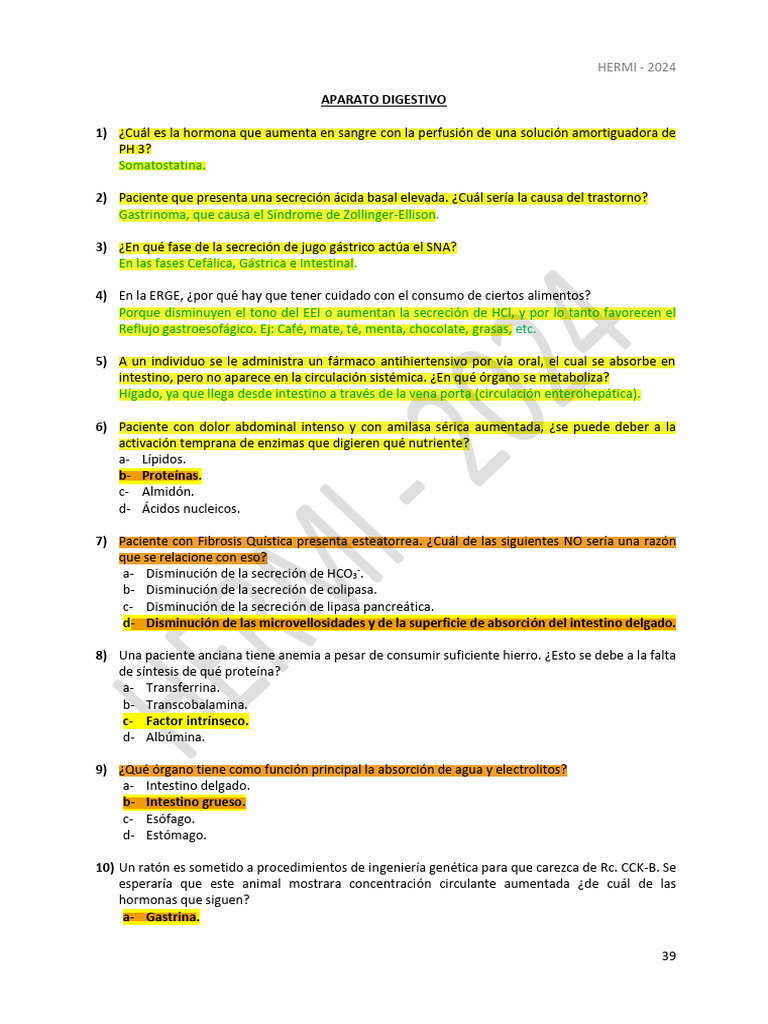 PREGUNTAS FISIO 12 (Digestivo) | PDF | Digestión | Sistema digestivo humano