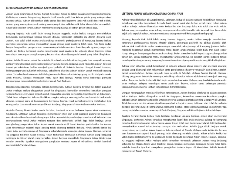 Leftenan Adnan Wira Bangsa Karya Osman Ayub | PDF
