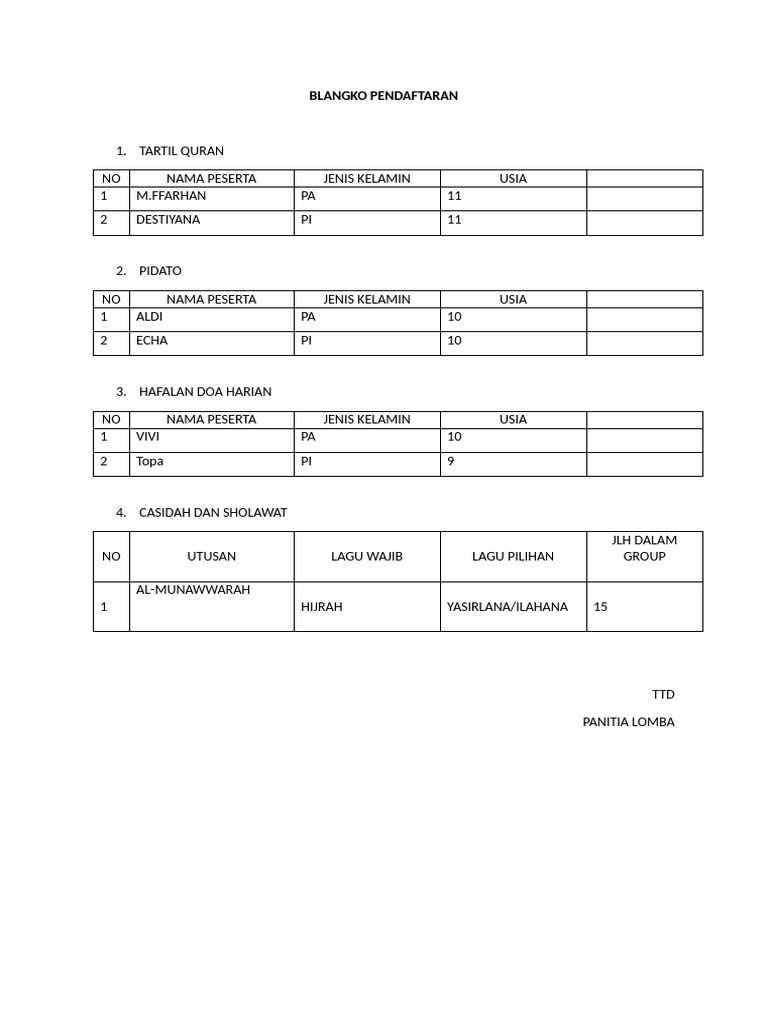 Blangko Pendaftaran Lomba Pekan Muharram | PDF