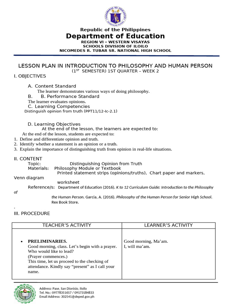 JunE 30, Lesson Plan Philosophy | PDF | Truth | Lesson Plan