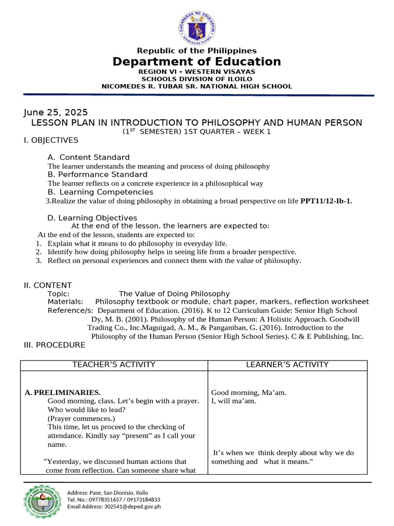 June 25, Lesson Plan Philosophy | PDF | Lesson Plan | Experience