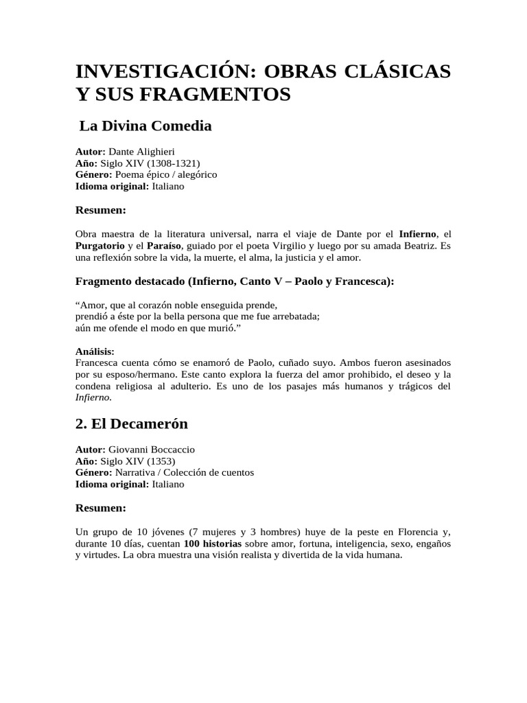 Obras Clásicas y Sus Fragmentos | PDF | Divina Comedia | OTELO