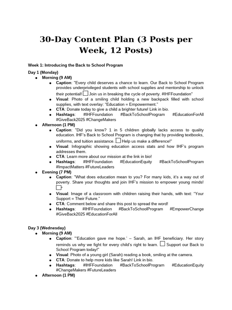 30-Day Content Plan (3 Posts Per Week, 12 Posts) | PDF | Mentorship