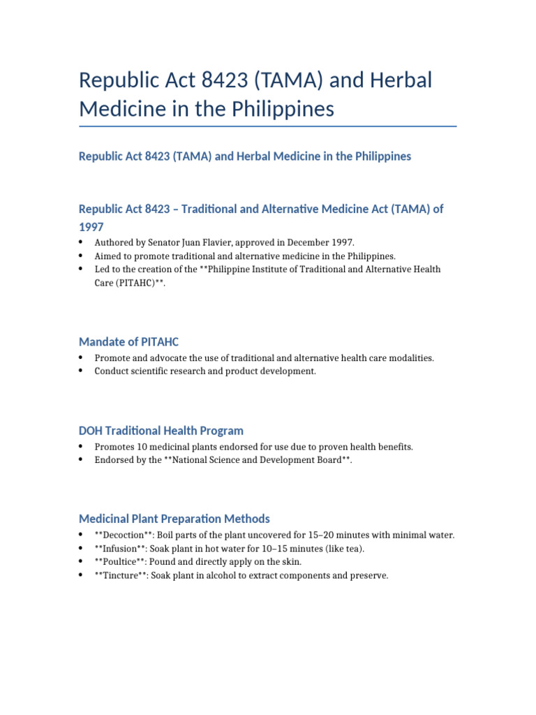 RA8423 TAMA Herbal Medicine Reviewer Final | PDF | Medicinal Plants ...