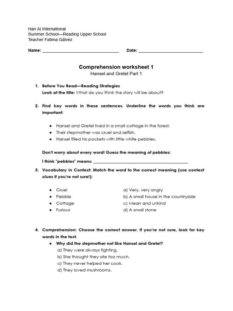Hansel and Gretel Comprehension Worksheet | PDF | Hansel And Gretel (Opera)