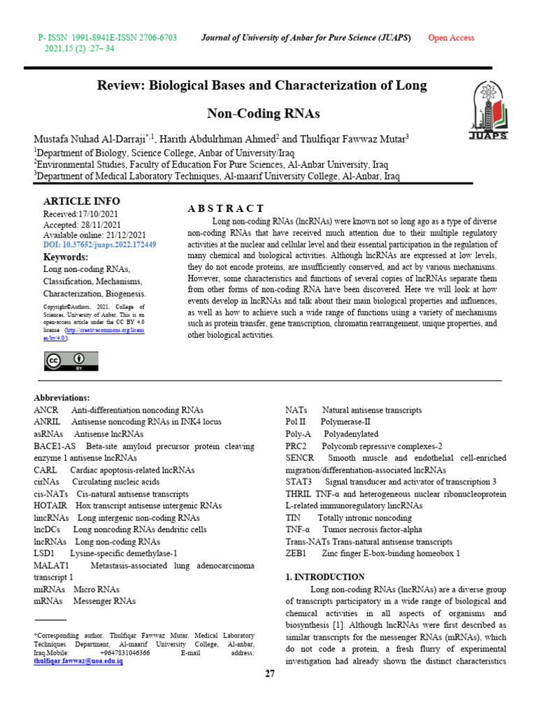 Review: Biological Bases and Characterization of Long Non-Coding Rnas ...