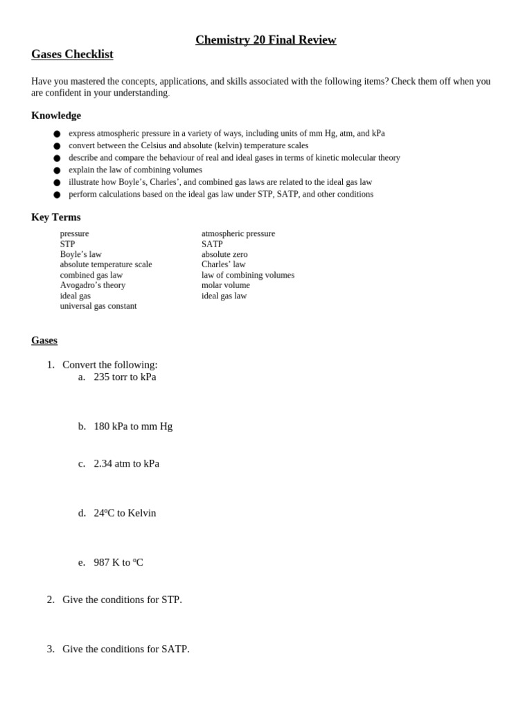 Chemistry 20 Gas Laws Review Checklist | PDF | Gases | Applied And ...
