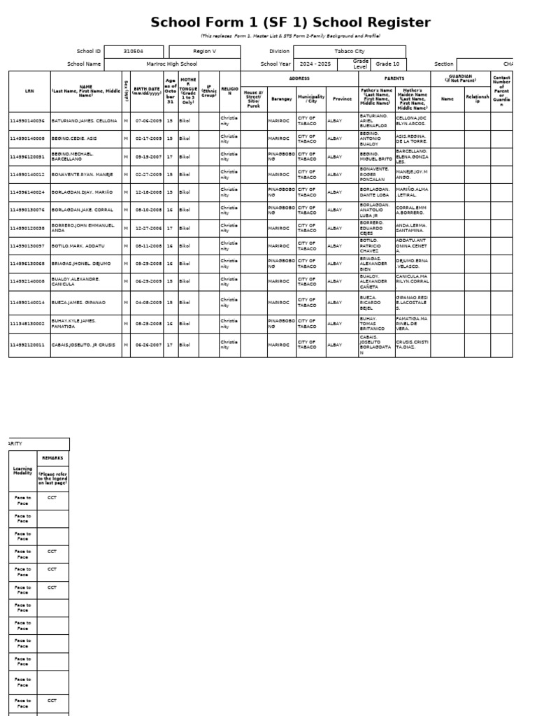 Grade 10 School Register 2024-2025 | PDF
