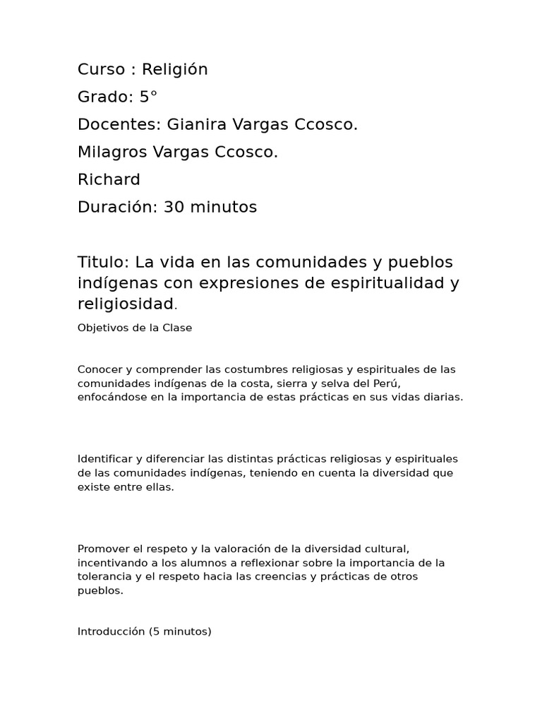 Sesion de Religión 5to Grado | PDF | Maestros | Perú