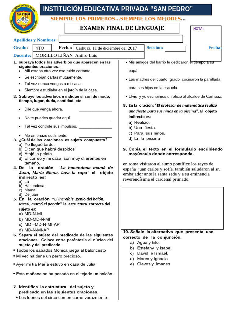 Examen Final de Lenguaje - San Pedro | PDF