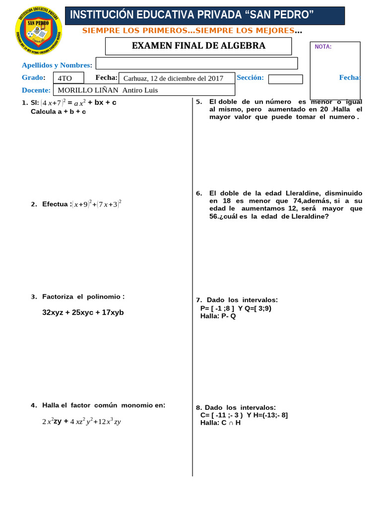 Examen Final de Algebra 4° | PDF