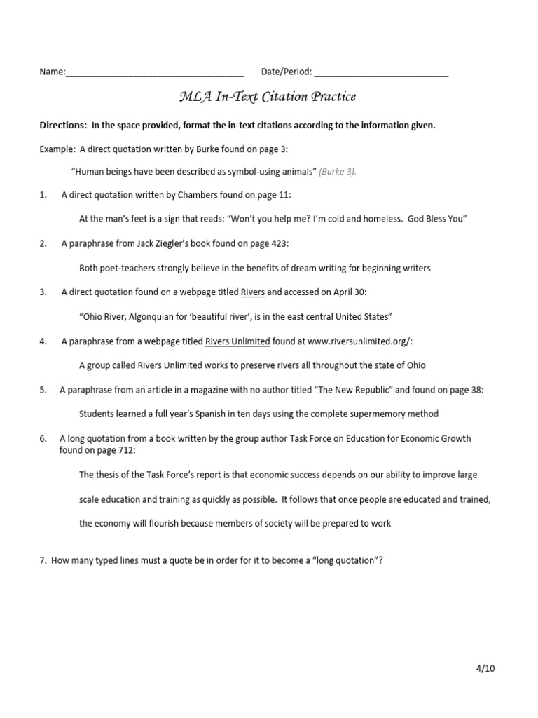 MLA In-Text Citation Practice Guide | PDF