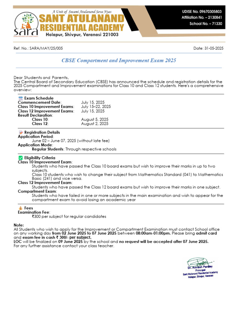 CBSE 2025 Compartment Exam Schedule | PDF