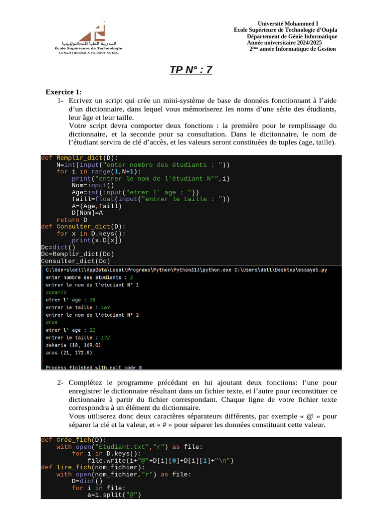 Exercice 1:: Remplir - Dict | PDF | Informatique | Données informatiques