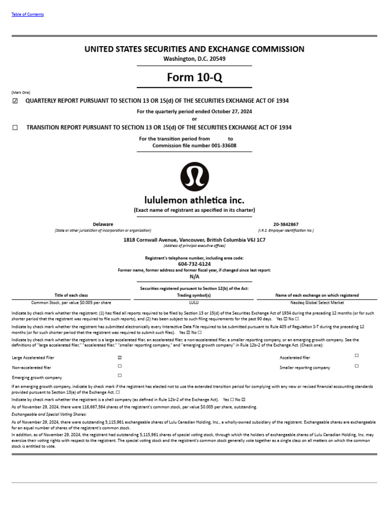 Lululemon Q3 2024 Financial Report | PDF | Goodwill (Accounting ...