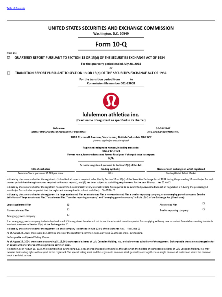 Lululemon Q2 2024 Financial Report | PDF | Equity (Finance) | Finance ...
