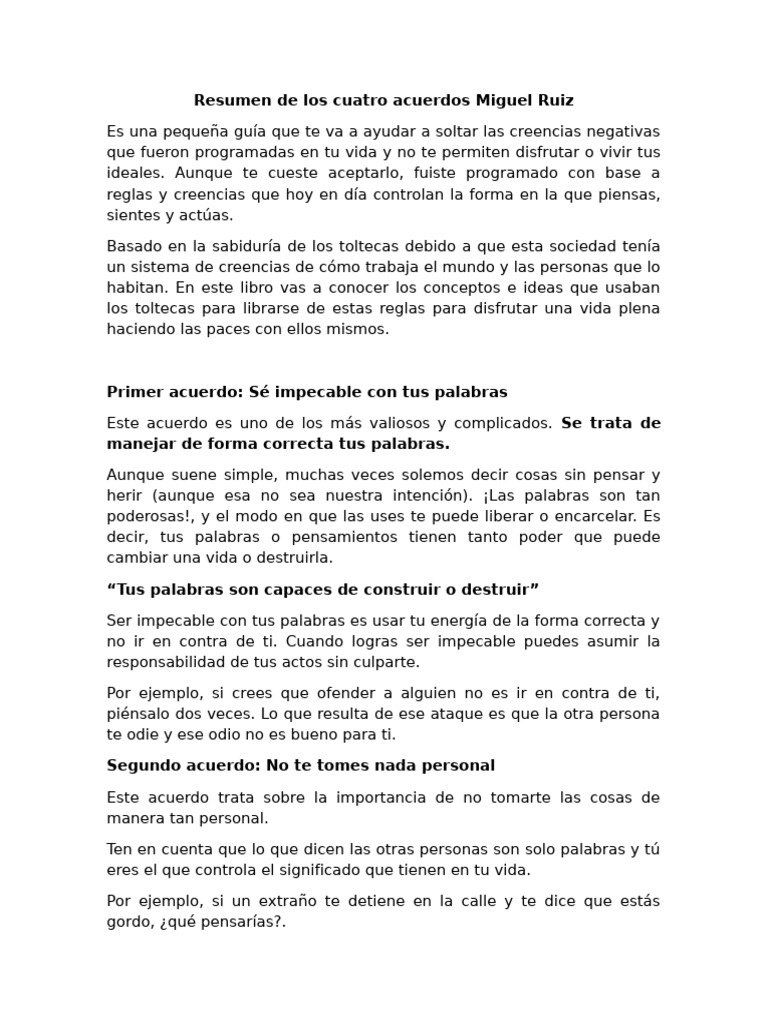 Resumen de Los Cuatro Acuerdos Miguel Ruiz | PDF