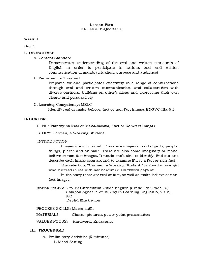 2 LESSON PLAN Week 1 DAY 1 | PDF | Thought | Image