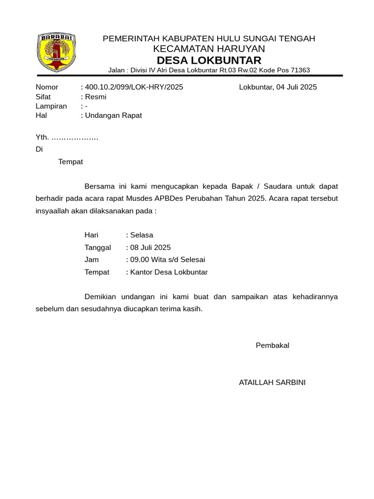 Contoh Undangan Pemdes & BPD | PDF