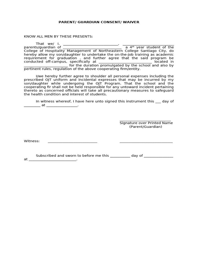 Ojt Student Parent Consent Liability and Waiver 21 2 | PDF | Common Law | Private Law